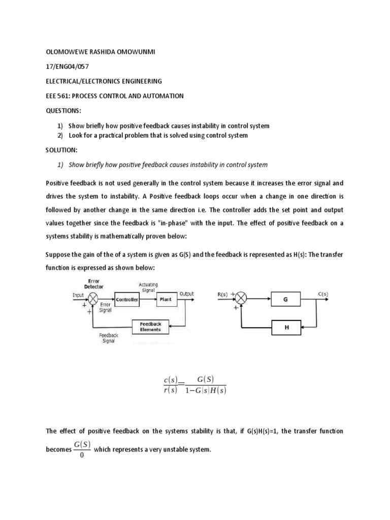 1) Show Briefly How Positive Feedback Causes Instability in Control ...