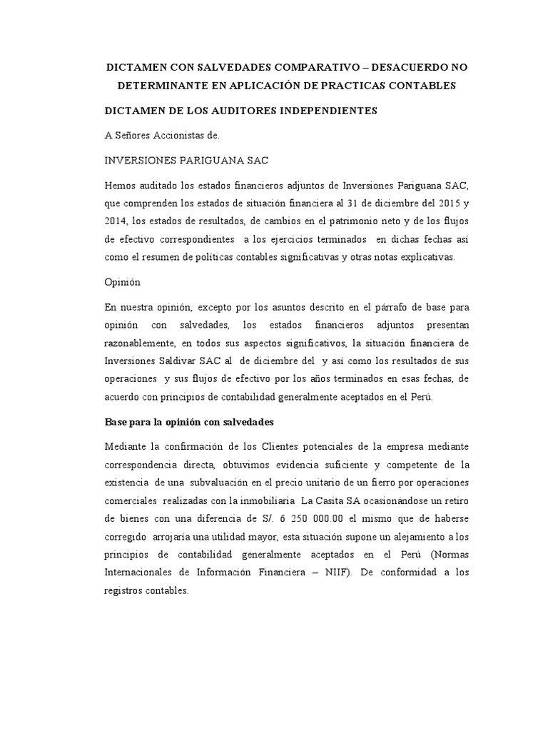 Informe Con Salvedades | PDF | Auditoría | Estado financiero