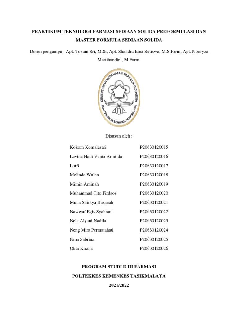 Preformulasi Dan Master Formula Sediaan Tablet - Kelompok 2 | PDF ...