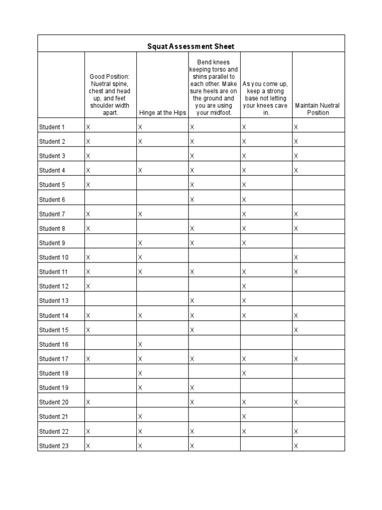 Squat Assessment Sheet - Sheet1 | PDF | Weight Training | Human Anatomy