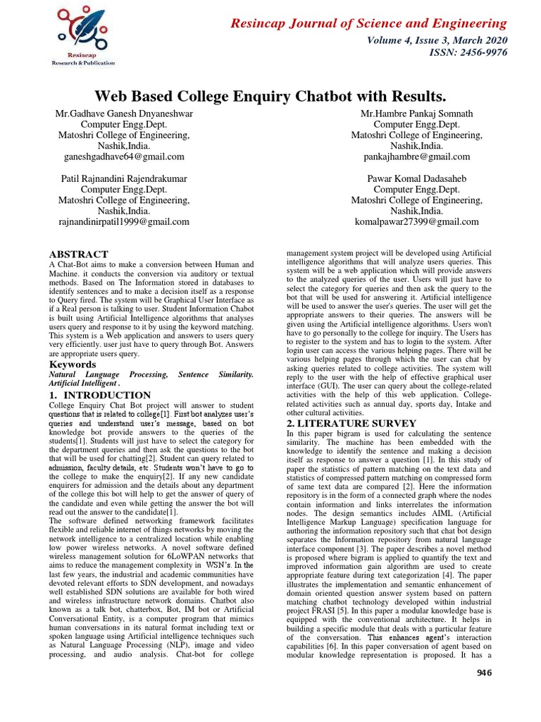 Web Based College Enquiry Chatbot With Results | PDF | Use Case | Databases