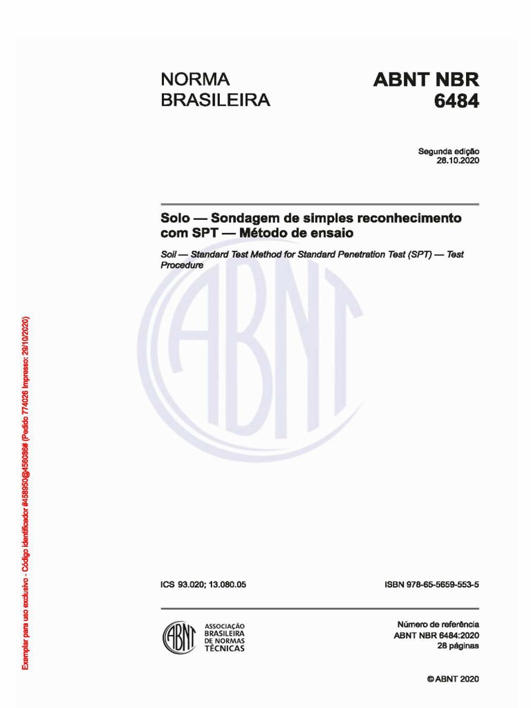 NBR 6484 2020 Sondagem SPT | PDF | Solo | Tubo de revestimento