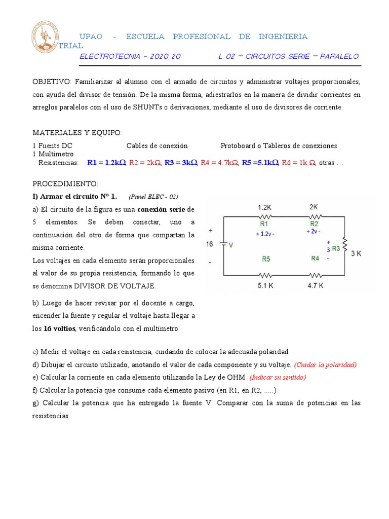 Laboratorio 02 Serie Paralelo | PDF | Resistencia Eléctrica y ...