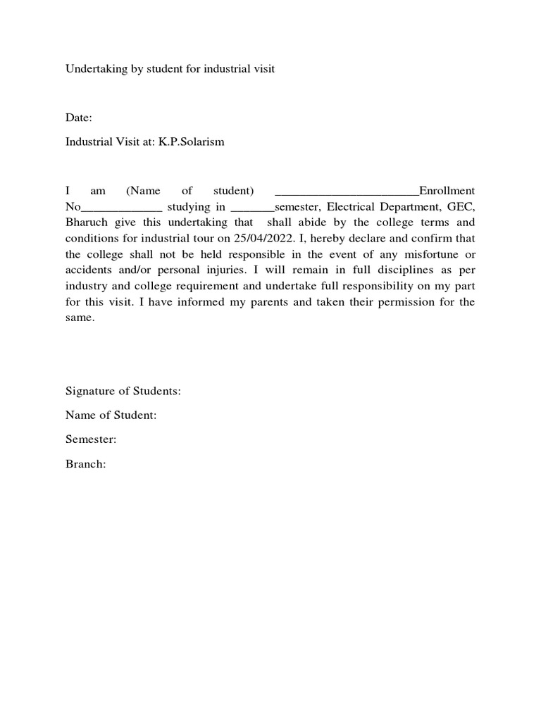 Student Undertaking for Industrial Visit | PDF | Finance & Money Management