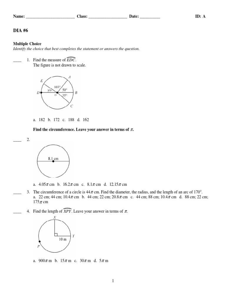 Geometry Test with Multiple Choice Questions on Circles, Circumference ...