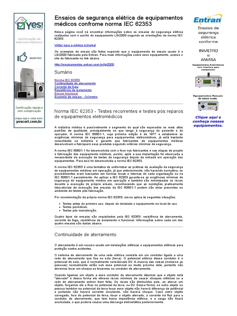 Ensaios de Segurança Elétrica de Equipamentos Médicoas Confrome Norma ...