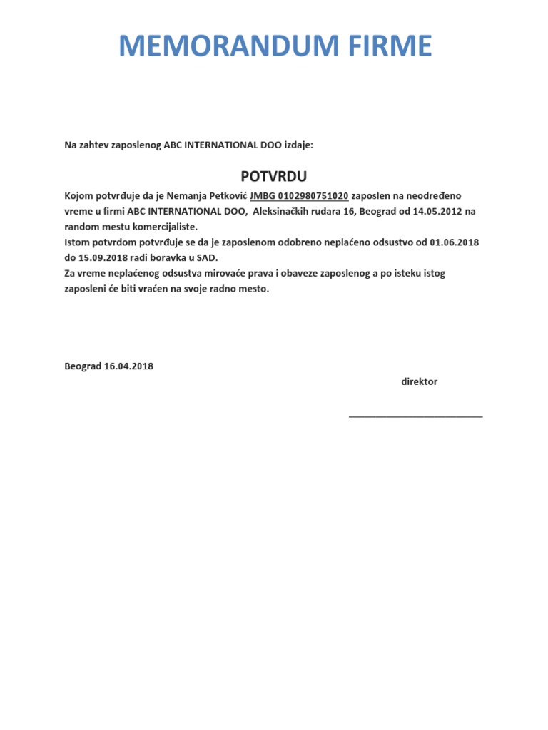 Primer Potvrde o Zaposlenju I Neplacenom Odsustvu 2018 | PDF