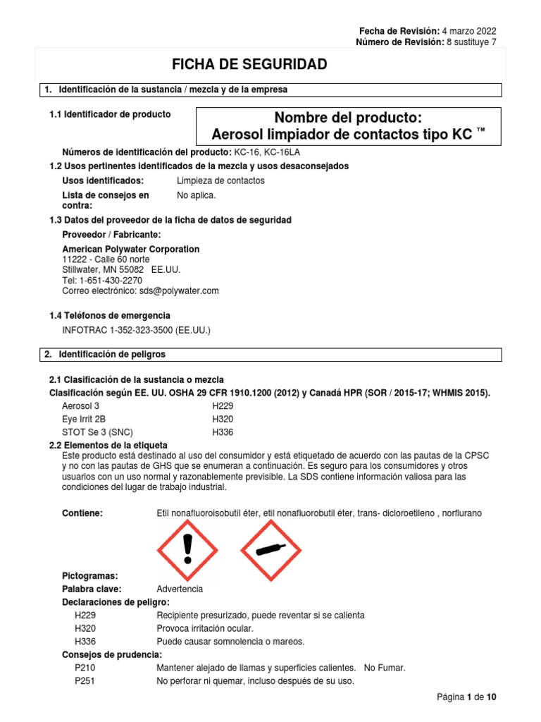 Type KC Aerosol SDS NAM Es | PDF | Agua | Dióxido de carbono