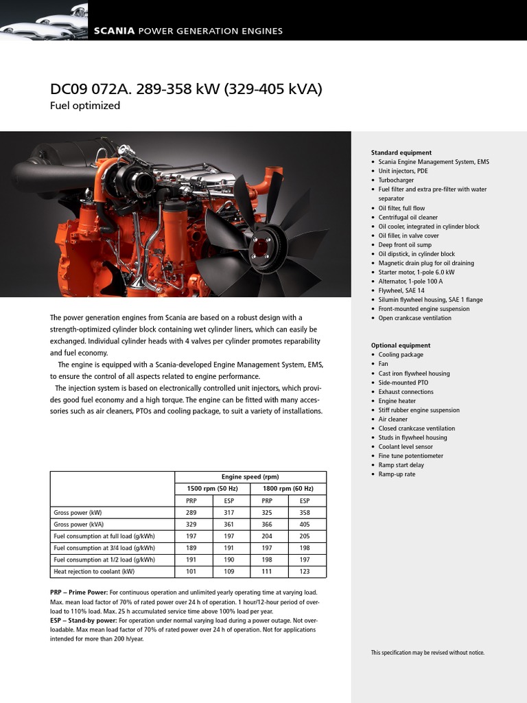 DC09 072A. 289-358 KW (329-405 kVA) : Fuel Optimized | PDF | Piston ...