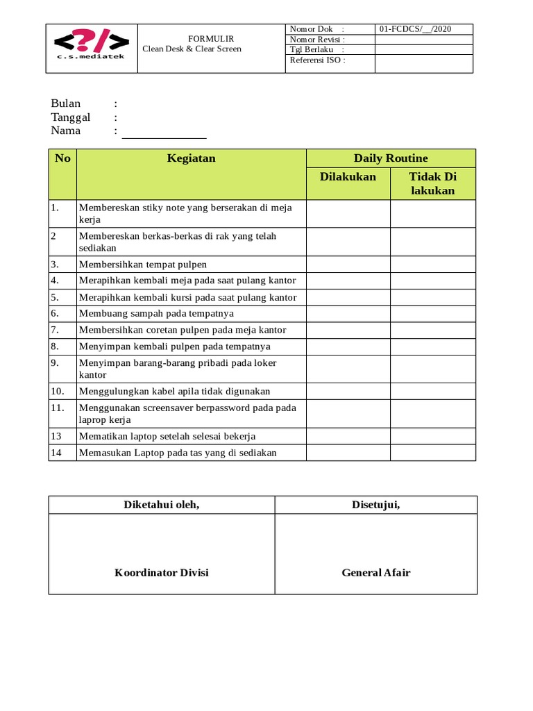 Form Clean Desk & Clear SCreen | PDF