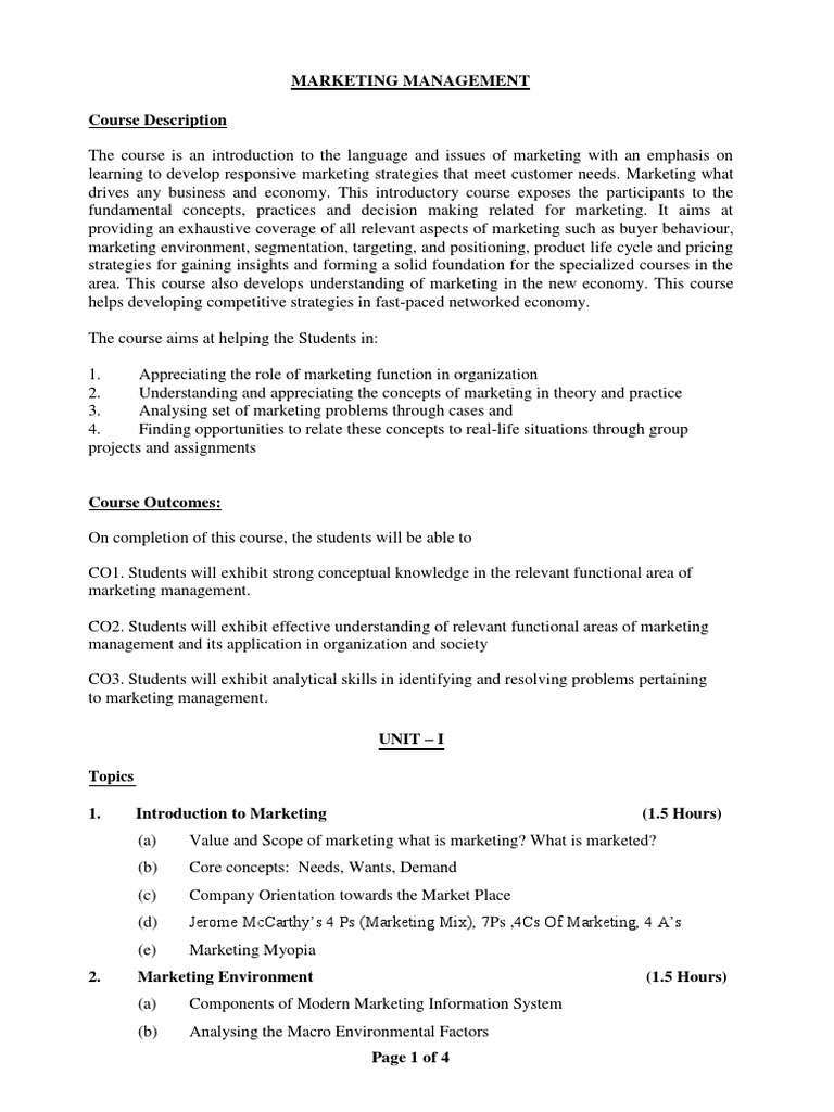 Marketing Management Course Description | PDF | Marketing | Market ...
