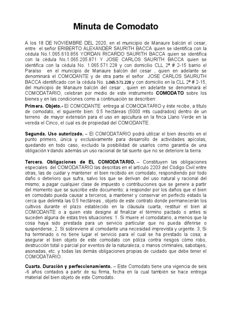 Contrato de Comodato JOSE CARLOS SAURITH | PDF