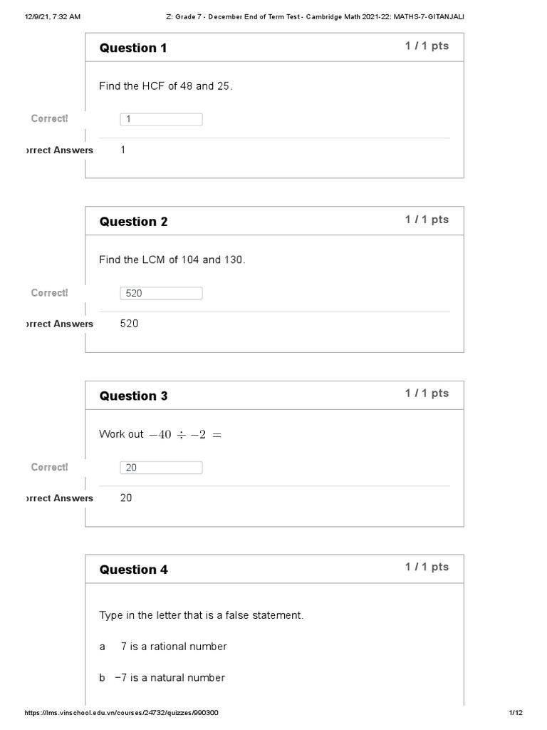 Z - Grade 7 - December End of Term Test - Cambridge Math 2021-22 ...