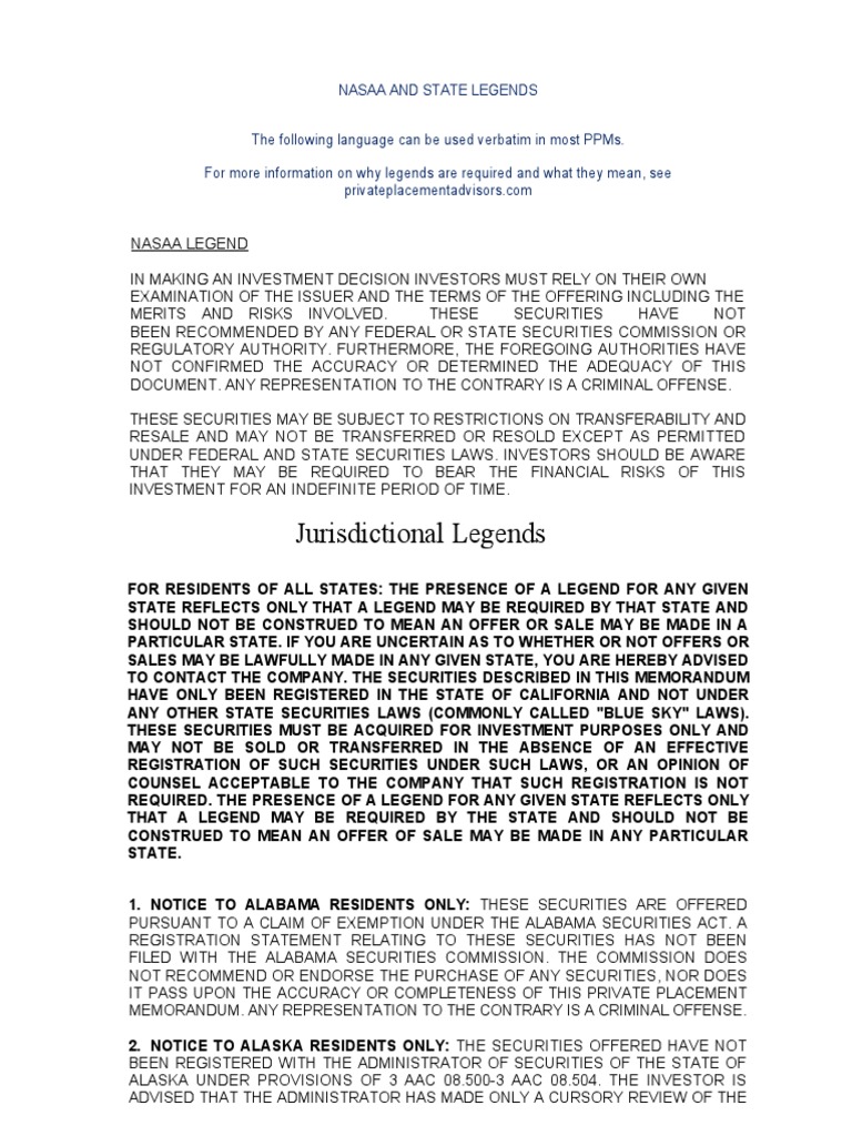 Legends For Most PPMs | PDF | Securities Act Of 1933 | Securities (Finance)