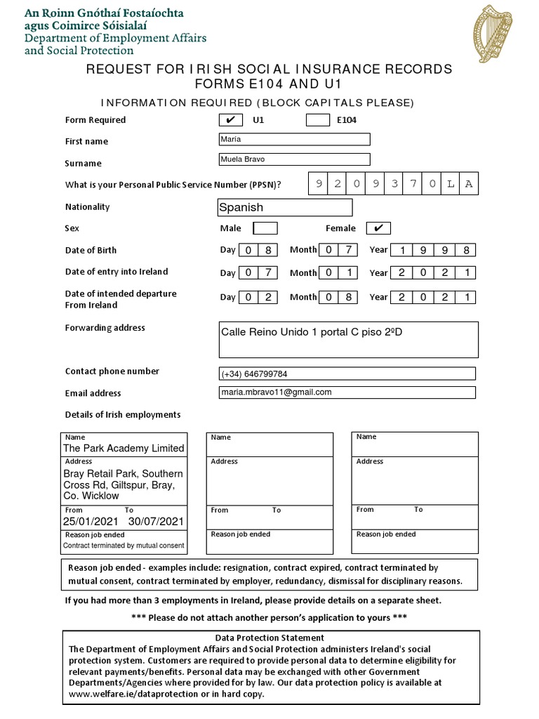 Request For Irish Social Insurance Records Forms E104 and U1 | PDF ...