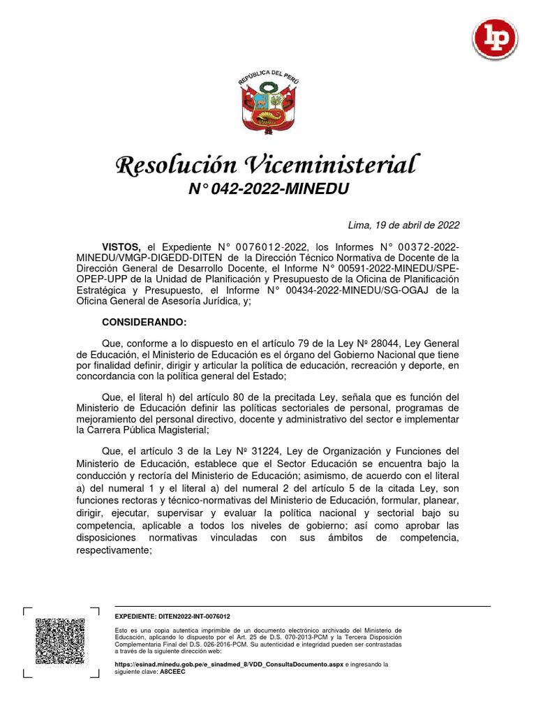 Anexo Resolucion Viceministerial 042 2022 Minedu LPDerecho | PDF | Regulación | Derecho laboral