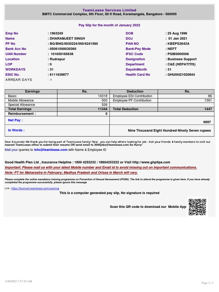 Employee Pay Slip - January 2022 | PDF | Computing
