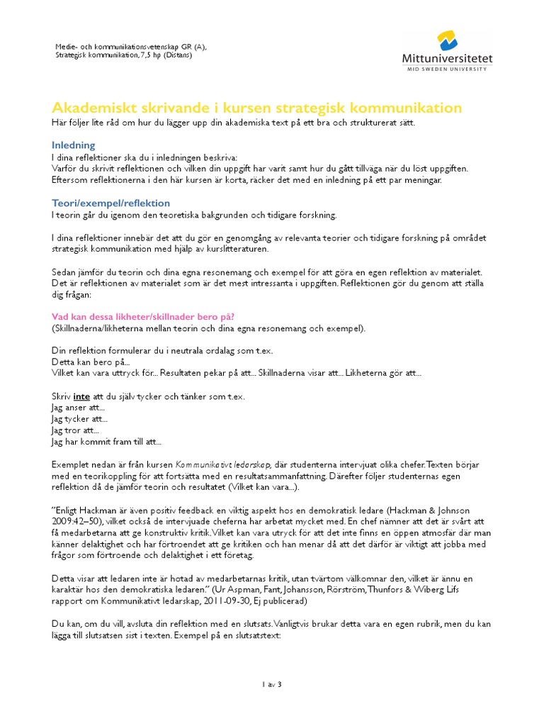 Akademiskt Skrivande I Kursen Strategisk Kommunikation | PDF