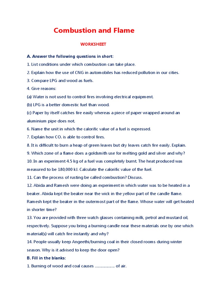 Worksheet-Combustion and Flame | PDF | Combustion | Fuels