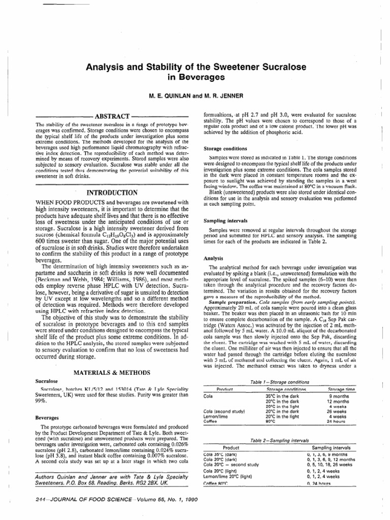 Sucralose Stability in Beverages | PDF | High Performance Liquid ...