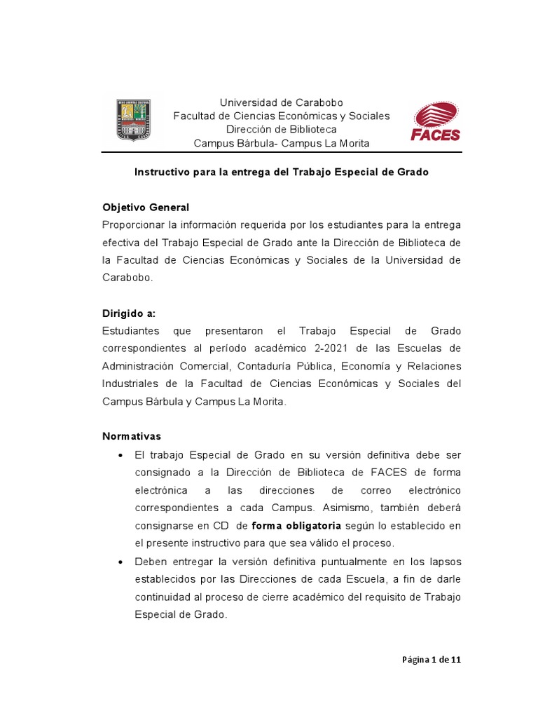 Instructivo para Entrega de TEG Bilbioteca FACES | PDF | Turismo