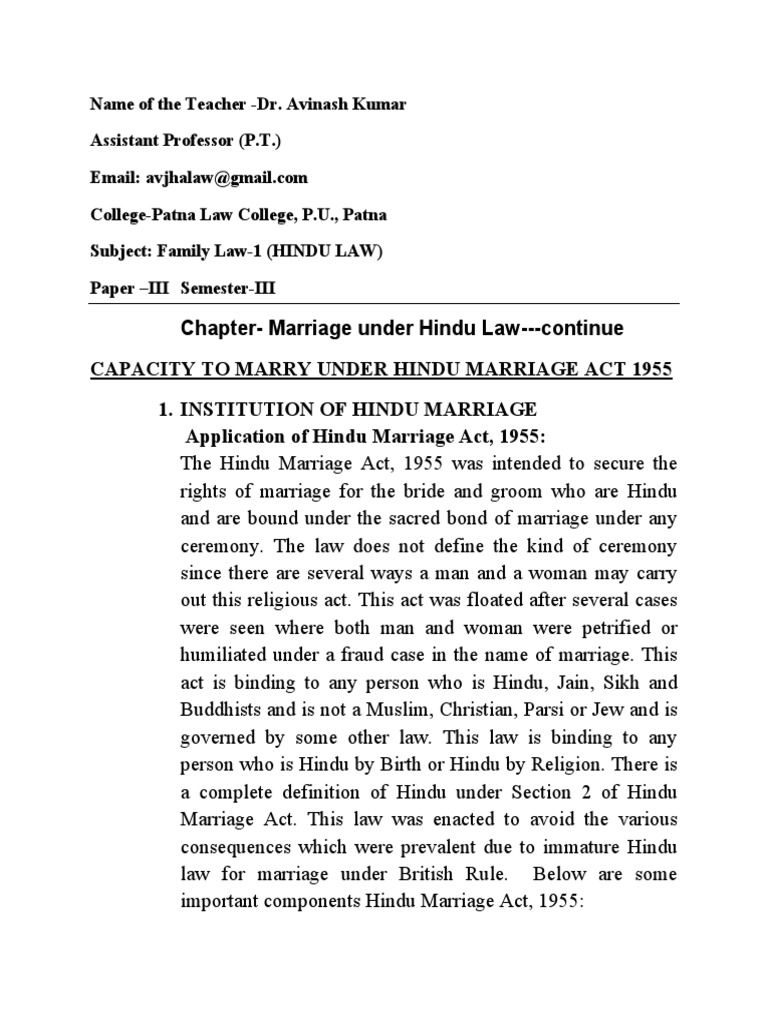 16th Lecture CAPACITY TO MARRY UNDER HINDU MARRIAGE ACT 1955 | PDF | Marriage | Polygamy