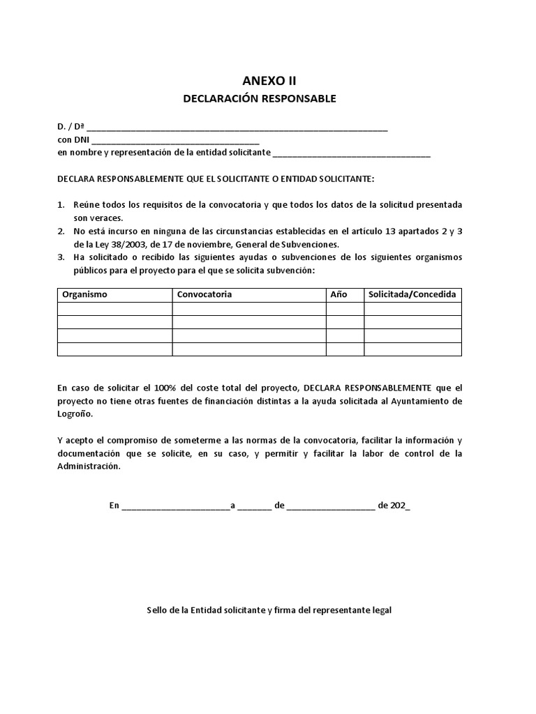 Anexo II DECLARACIÓN RESPONSABLE | PDF