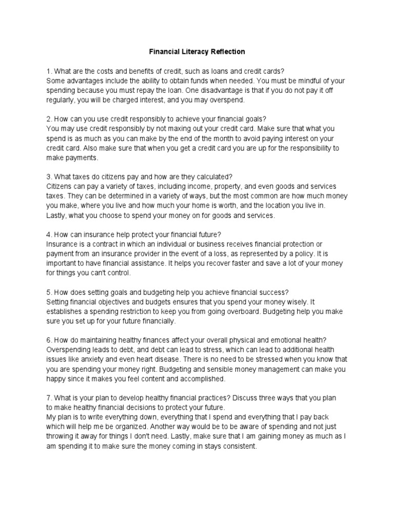 Financial Literacy Reflection | PDF | Finance & Money Management | Credit