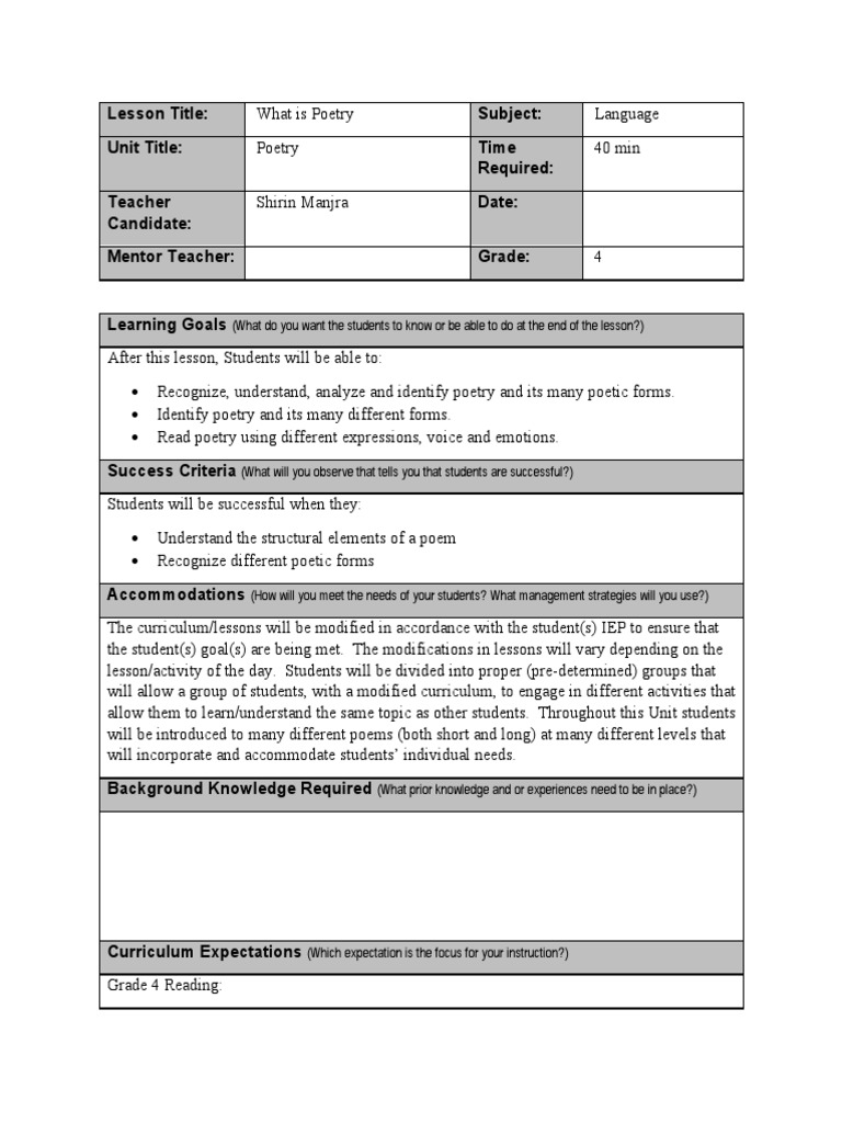 Lesson Plan 1 Poetry | Download Free PDF | Poetry | Curriculum