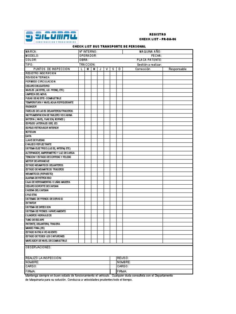 Check List - 27 Bus Transporte Personal | PDF