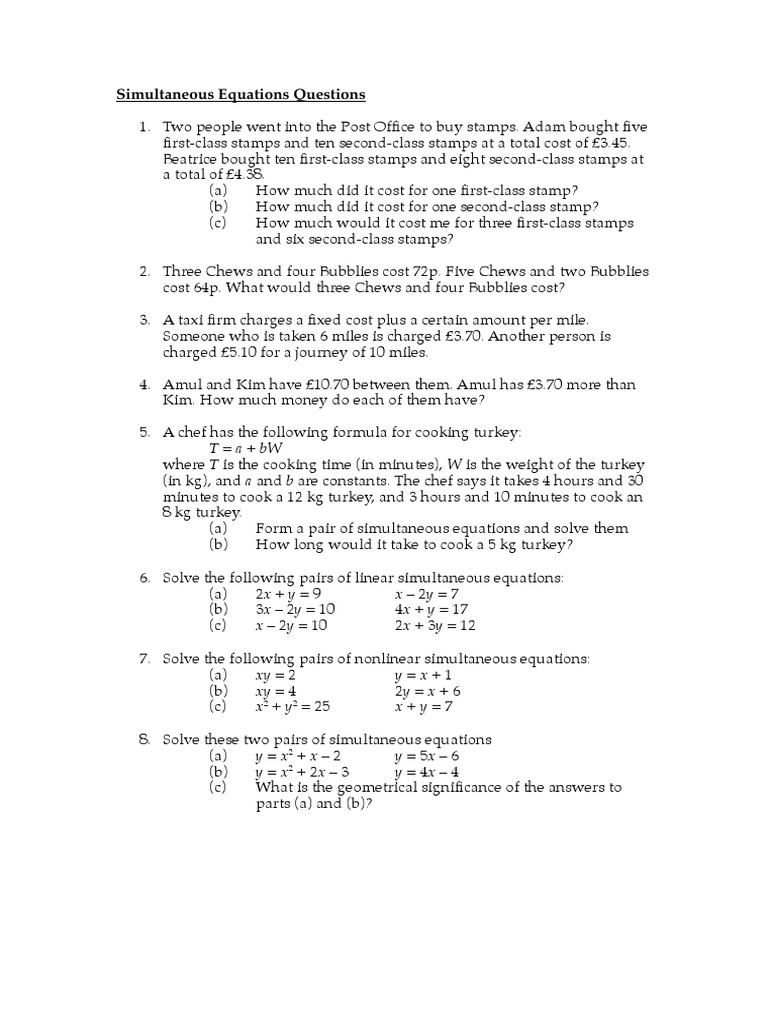 Simultaneous Equations Practice Problems | PDF