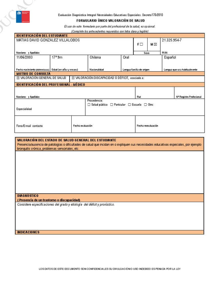 FORMULARIO - UNICO - VALORACION - DE - SALUD Matias Villalobos | PDF | Enfermedades y trastornos ...