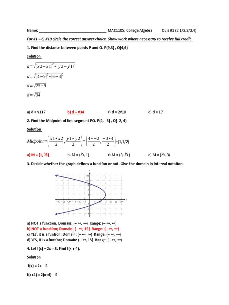 MAC1105 College Algebra Quiz 1 | PDF | Function (Mathematics ...
