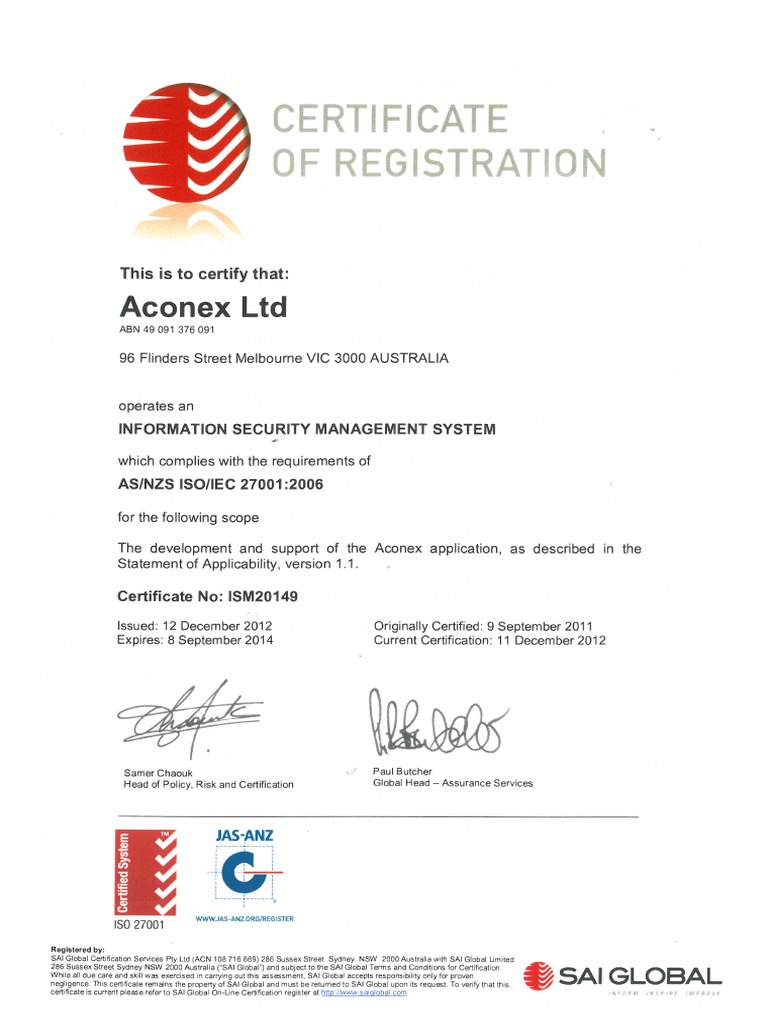 Aconex ISO 27001 Certificate ISM20149 | PDF