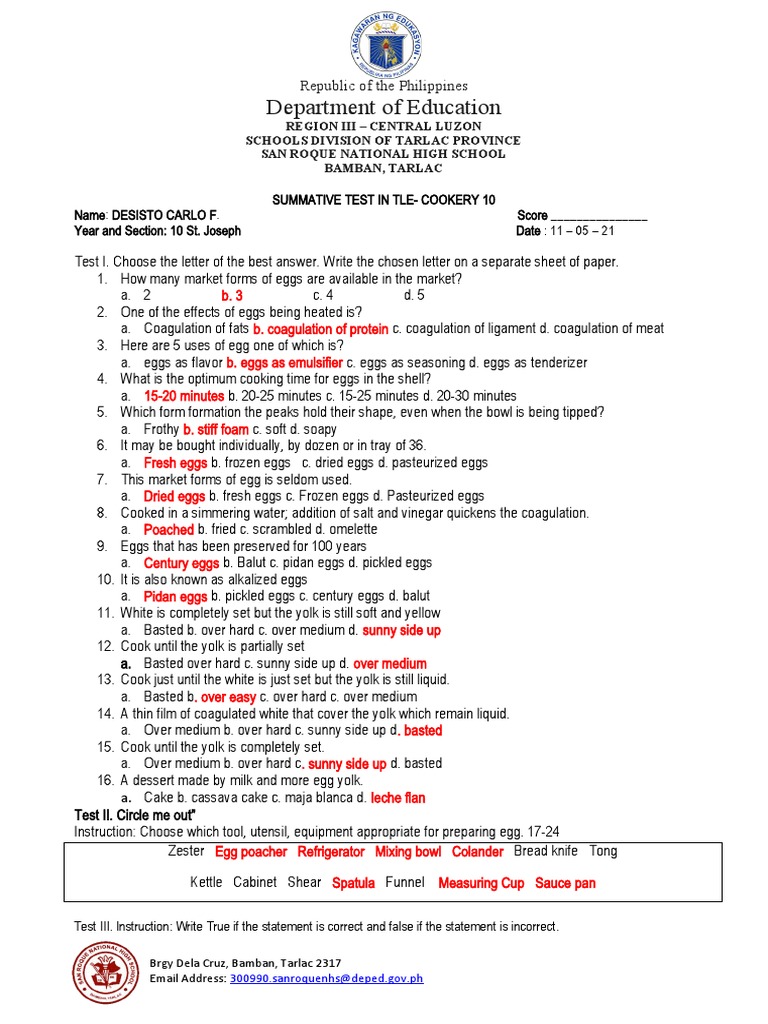 Tle Cookery 10 Summative Test Pdf Starch Pasta