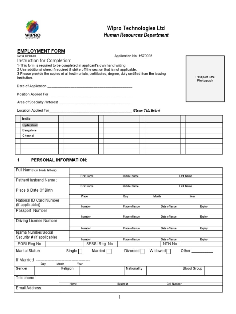 Employment Form-Wipro | PDF | Employment | Salary