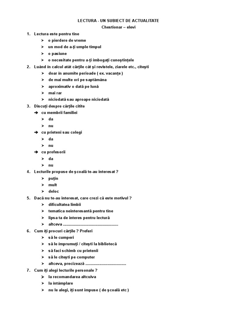 Chestionar Lectura 2 | PDF