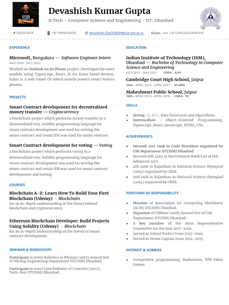 Devashish Kumar Gupta: B.Tech - Computer Science and Engineering - IIT, Dhanbad | PDF | Software ...