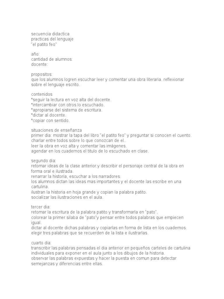 Secuencia Didactica PATITO FEO | PDF