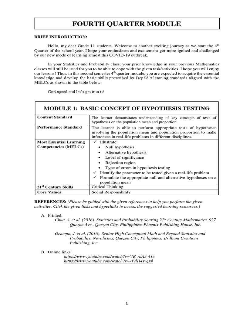 Fourth Quarter Module: Basic Concept of Hypothesis Testing | Download ...
