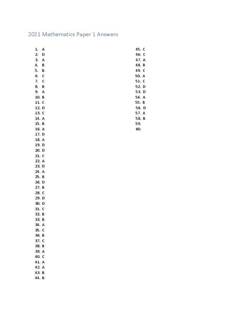 2021 Mathematics Paper 1 Answers | PDF