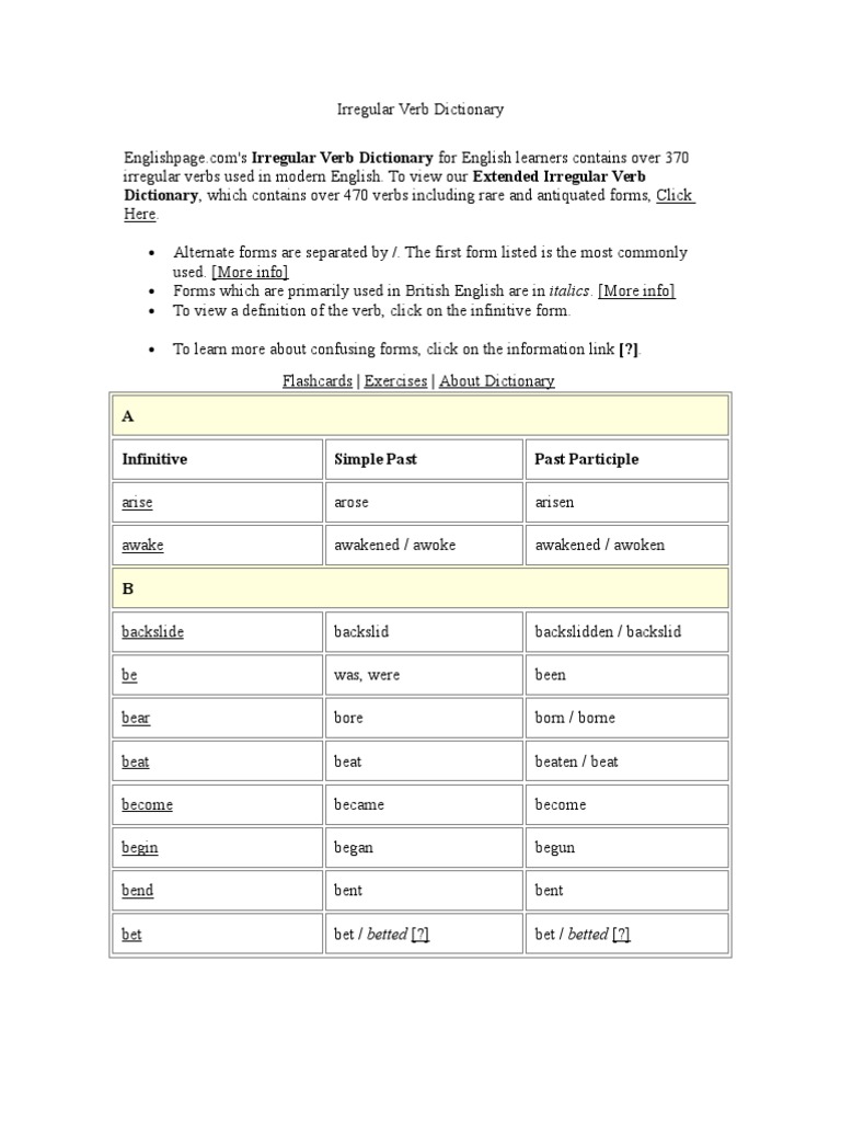 Irregular Verb Dictionary | PDF | Semantic Units | Grammar