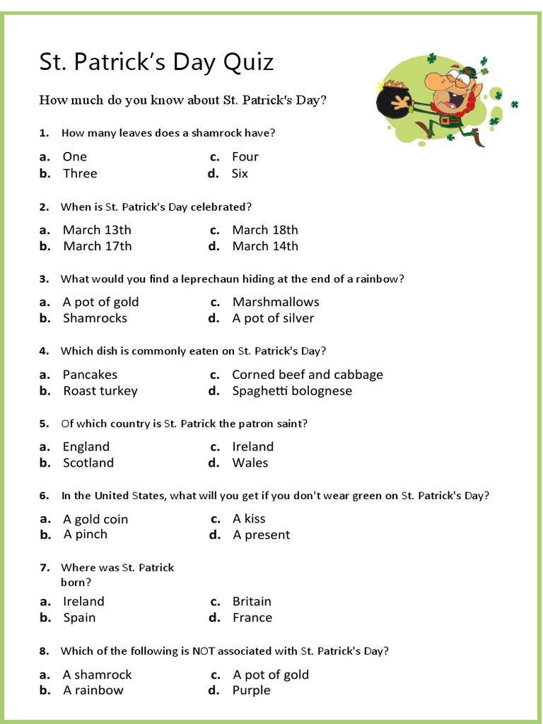 ST Patricks Day Quiz Fun Activities Games Reading Comprehension Exercis ...