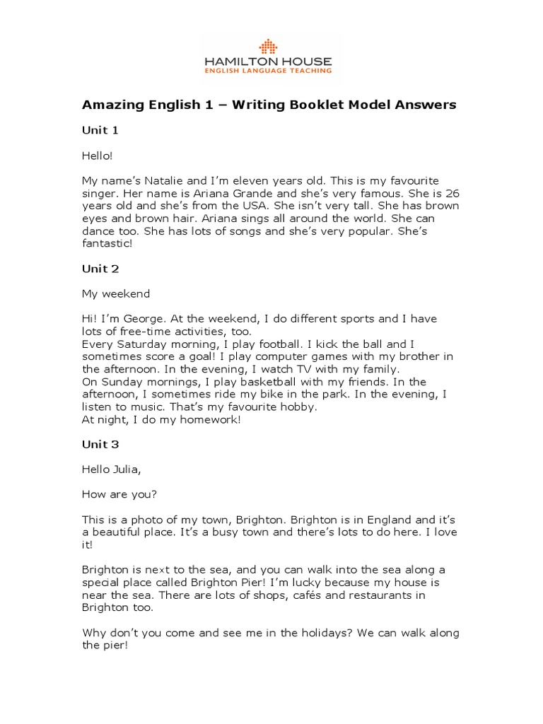 Amazing English 1 - Writing Booklet Model Answers | PDF