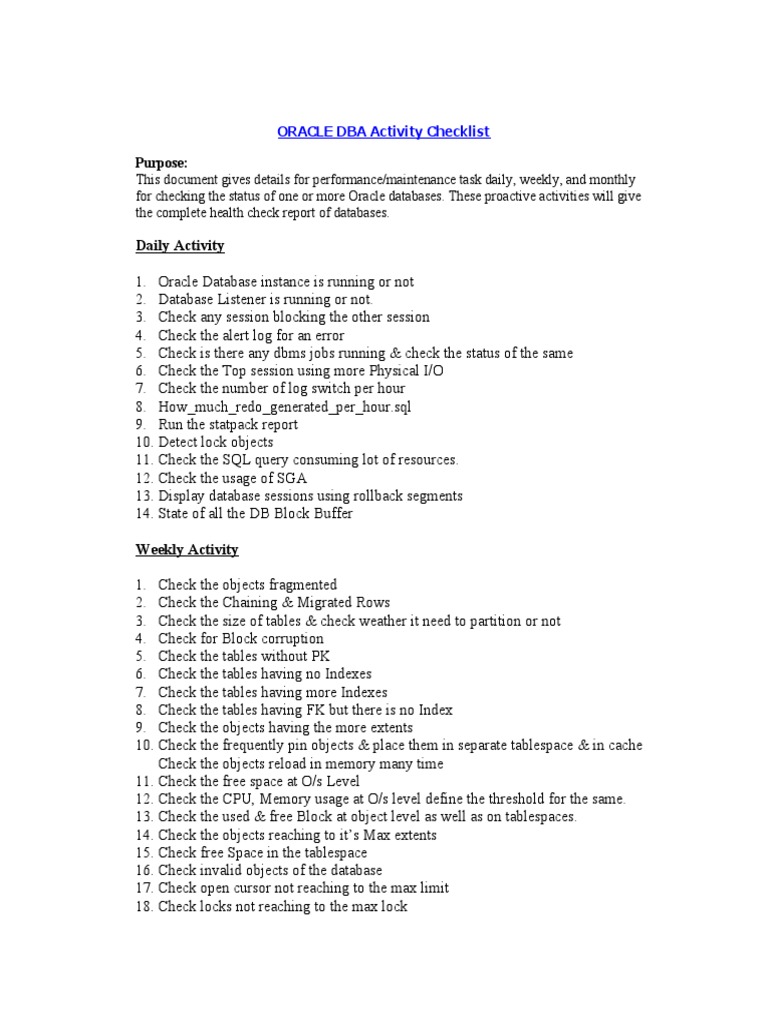 Oracle Dba Activity Checklist Pdf Databases Database Index