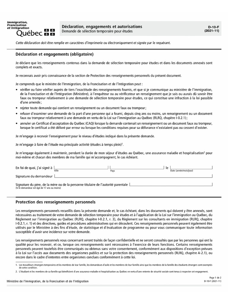 Déclaration, Engagements Et Autorisations - Demande de Sélection ...