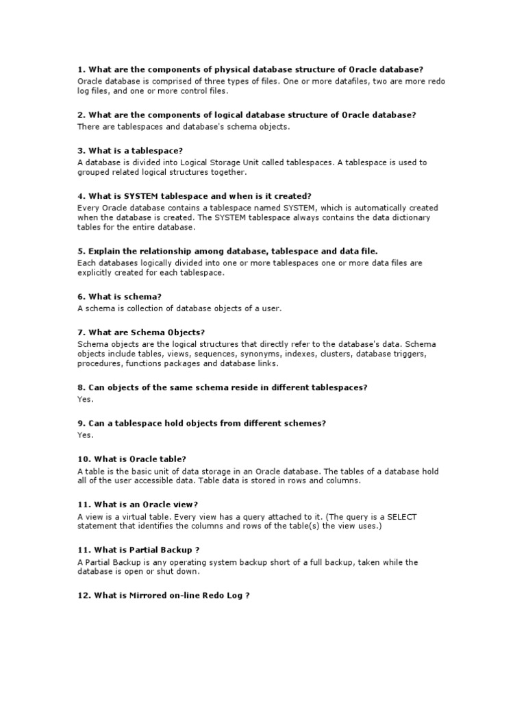 Interview Question For Oracle DBA | PDF | Oracle Database | Database Index