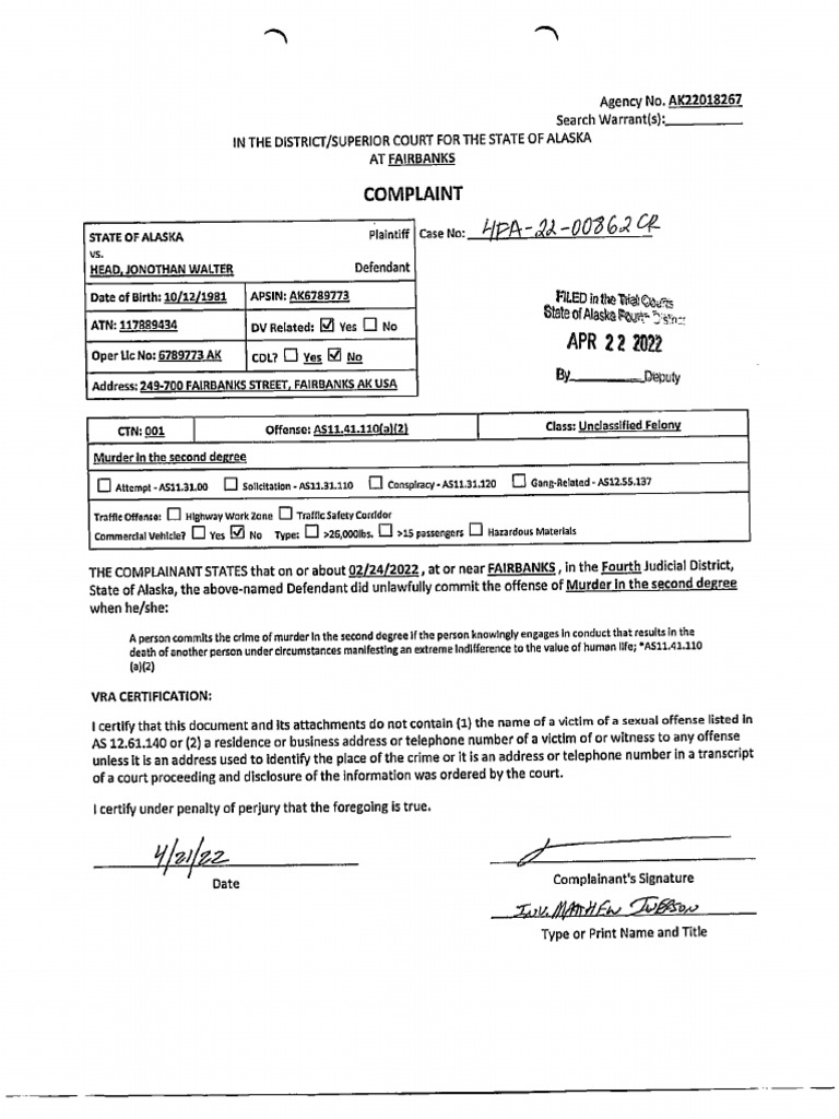 Fairbanks Homicide Complaint | PDF | Assault | Discovery (Law)