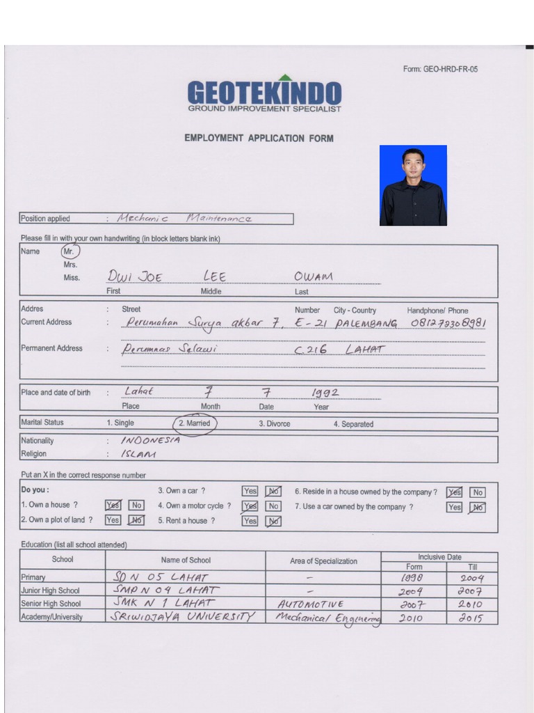 Dwi Joe Lee Owam (Aplication Form) | PDF