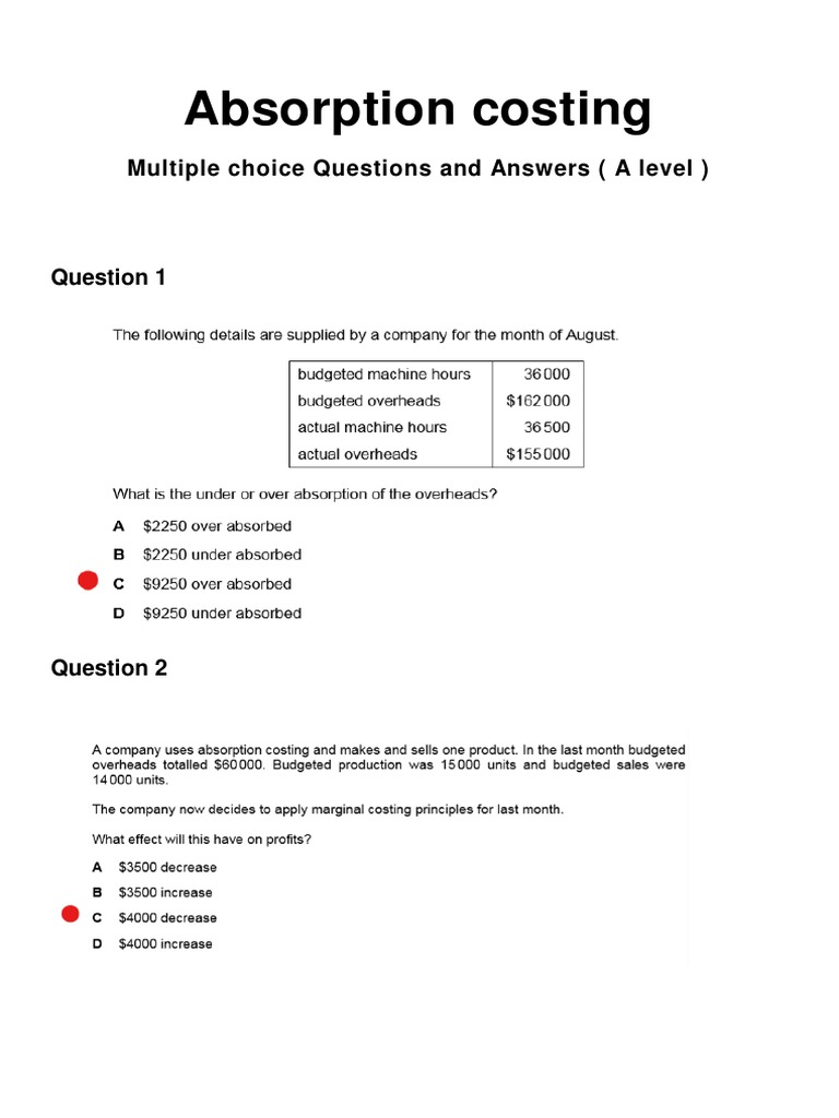 Absorption Costing: Multiple Choice Questions and Answers (A Level) | PDF